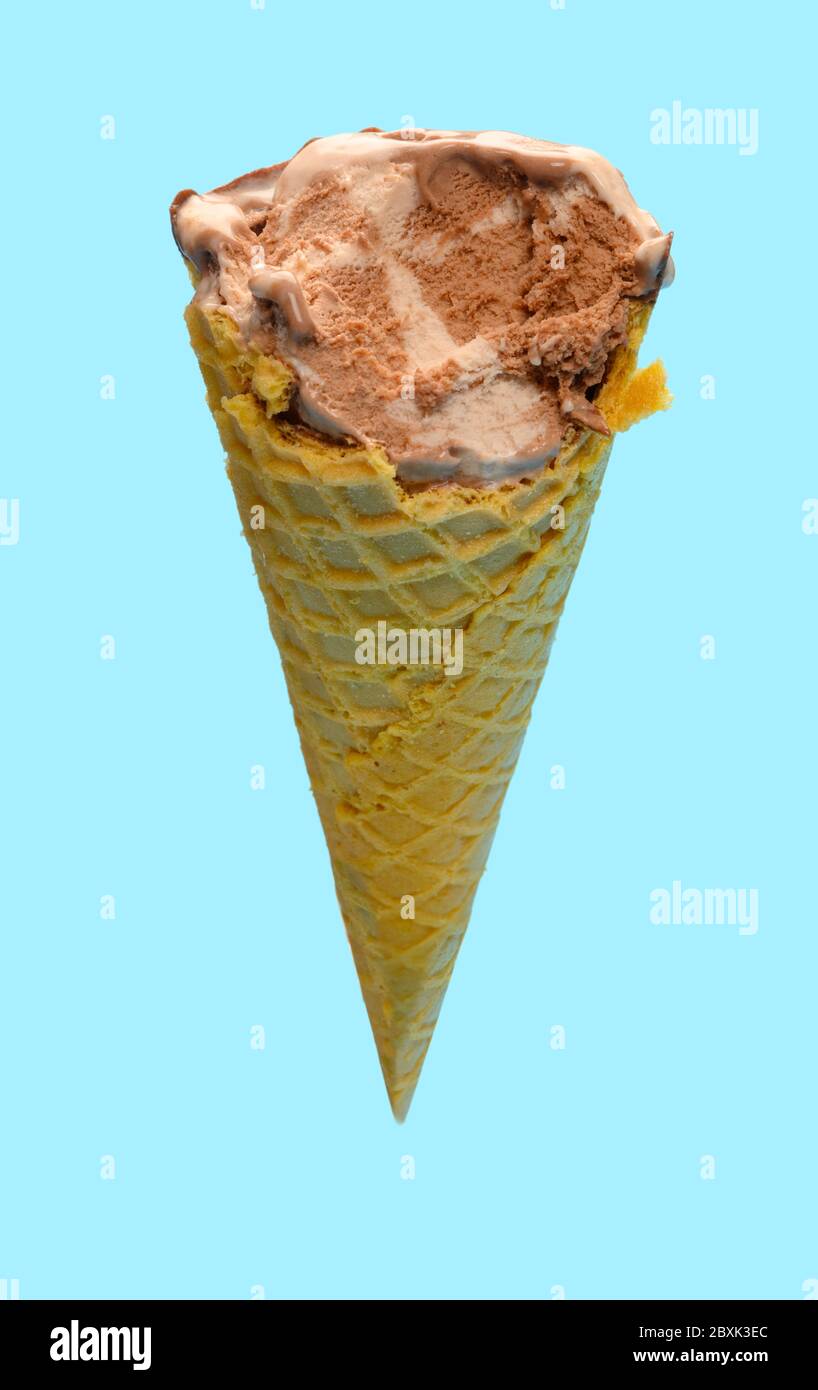 Angle View Fresh Chocolate Flavor Ice Cream Cone With Couple Of Bites