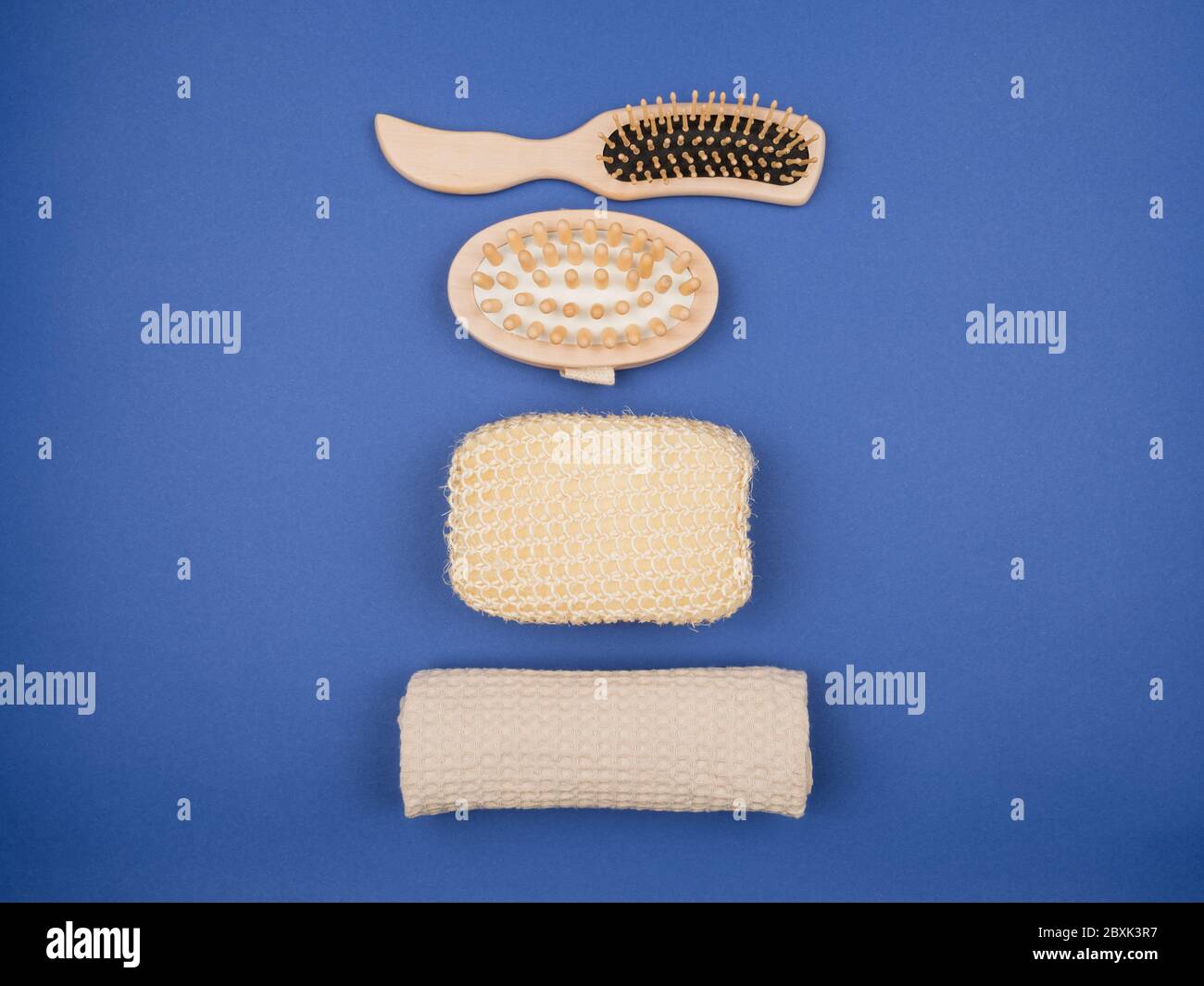 Personal hygiene items for the bathroom on a blue background Stock ...