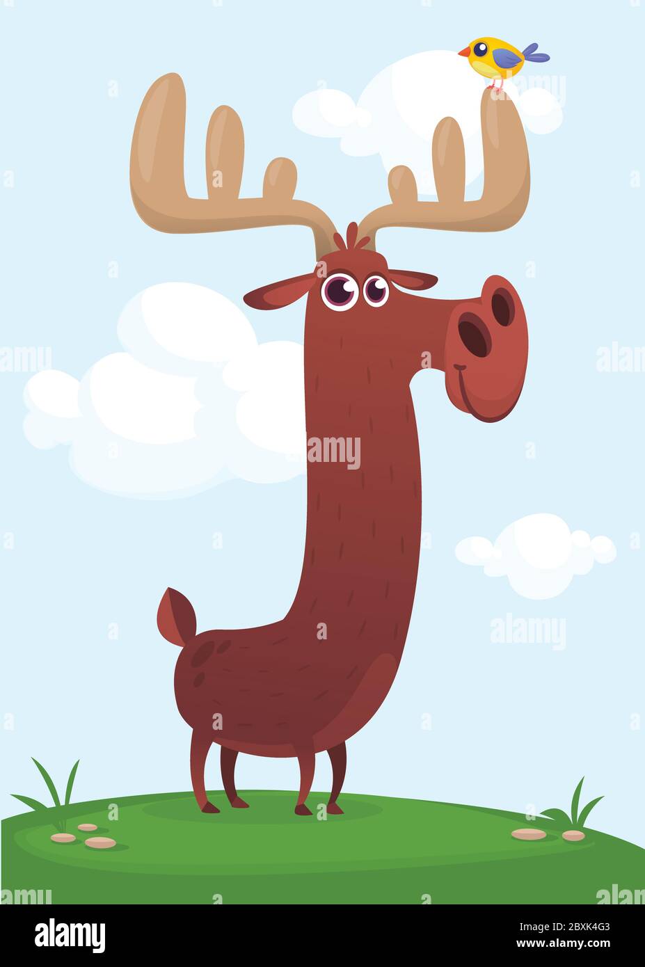 Funny cute cartoon moose character standing on the meadow background ...