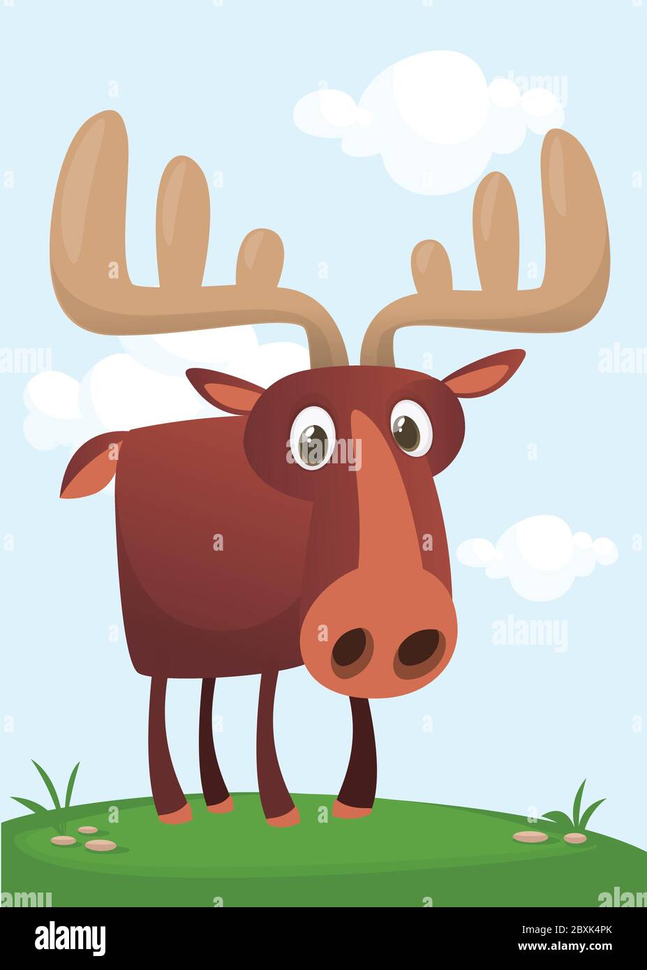 Funny cute cartoon moose character standing on the meadow background ...