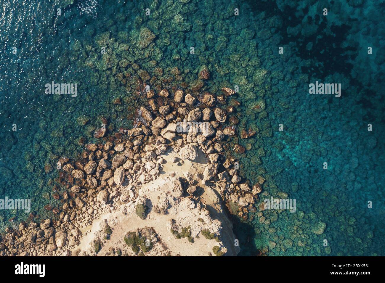 Sea aerial top view, azure water background with rocky coast in Cyprus ...