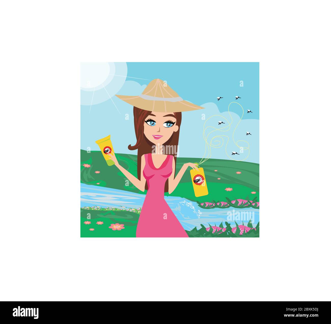 beautiful girl using insect repellent spray and ointment Stock Vector ...