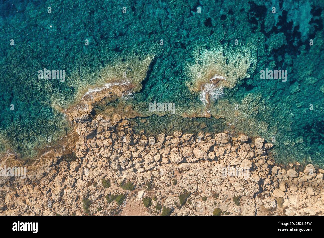 Sea aerial top view, azure water background with rocky coast in Cyprus ...