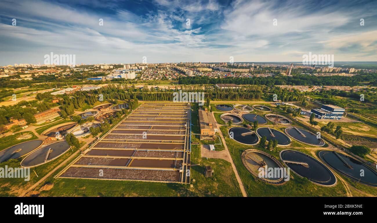 Aerial panorama of city or urban wastewater treatment plant, filtration ...