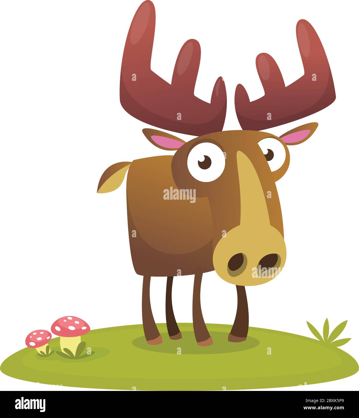 Funny cute cartoon moose character standing on the meadow background ...