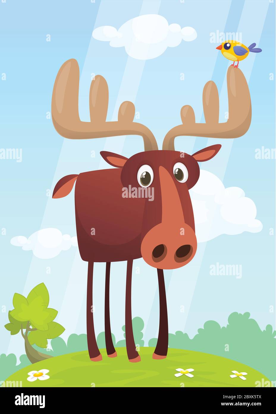 Funny cute cartoon moose character standing on the meadow background ...