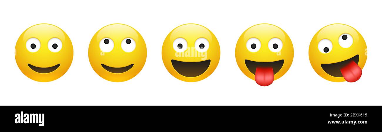 Set of vector yellow smiling, dreaming, insane, crazy emoticon with ...