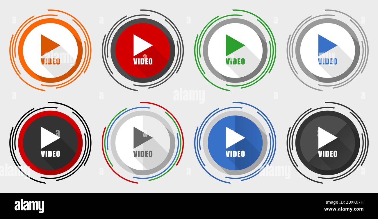 Video vector icon set, modern design flat graphic in 8 options for web ...