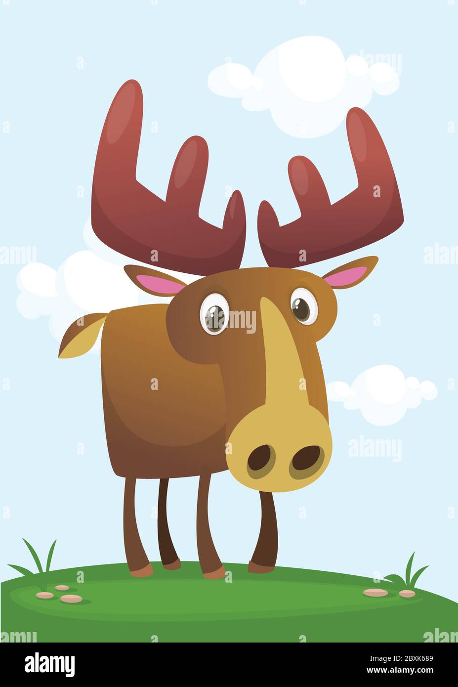 Funny cute cartoon moose character standing on the meadow background ...