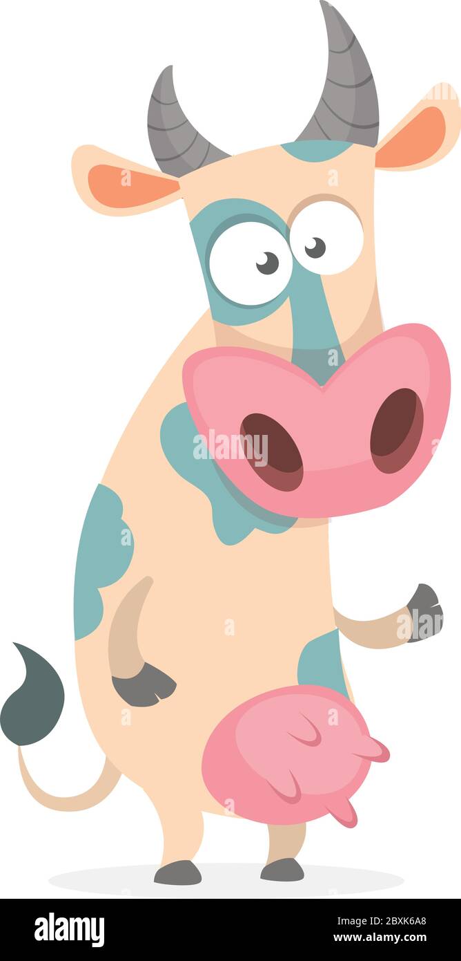 Funny cartoon cow character pointing on something isolated on white ...