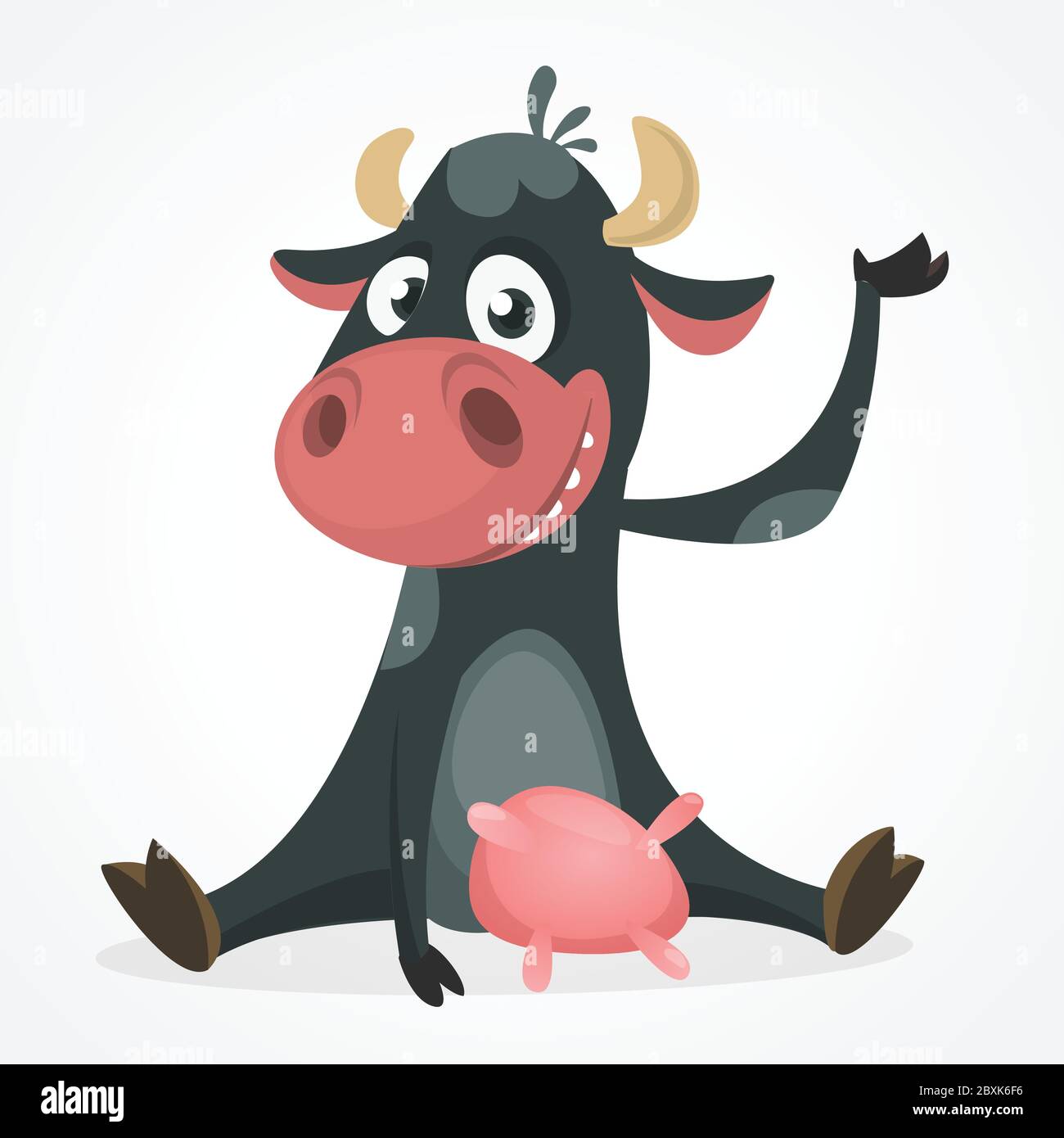 Funny black and white spotted cow character pointing to something ...