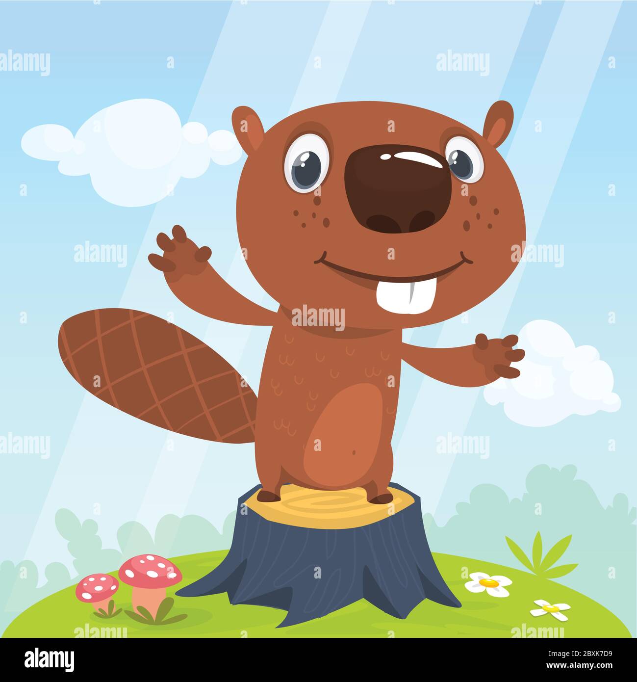 Cute cartoon beaver standing in a meadow with flowers and mushrooms ...