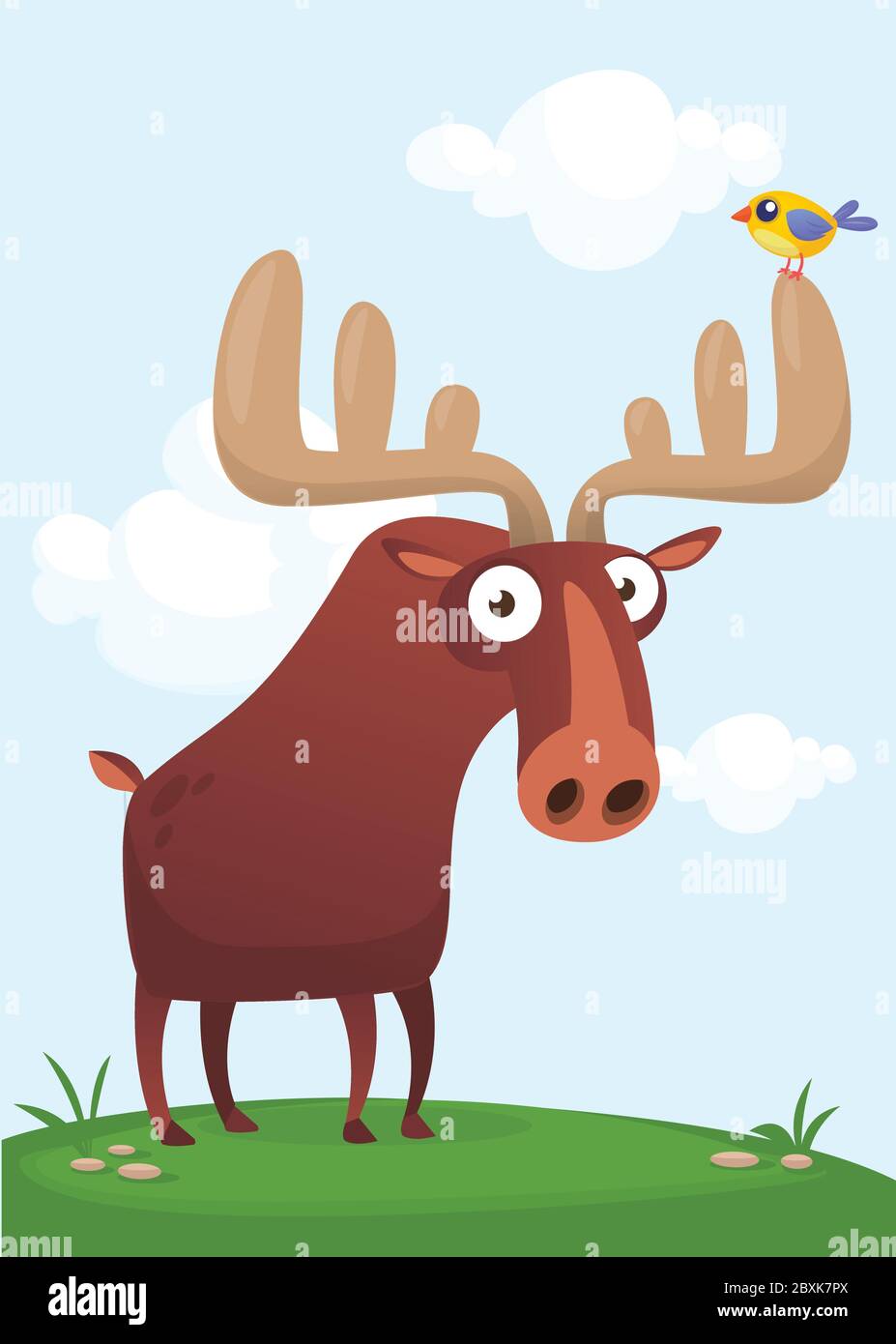 Funny cute cartoon moose character standing on the meadow background ...