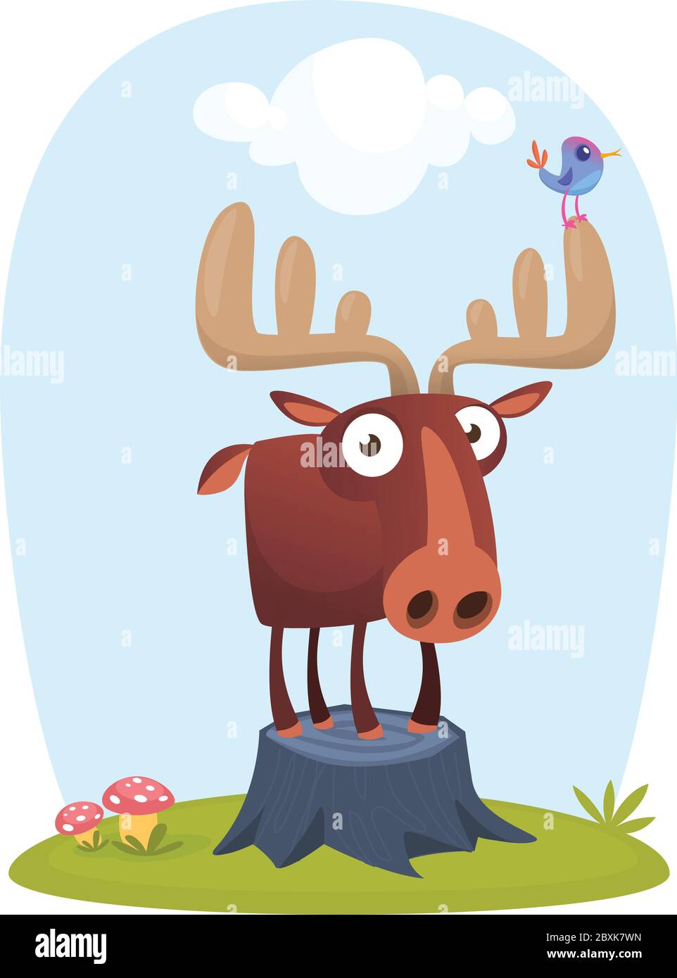 Funny cute cartoon moose character standing on the meadow background ...