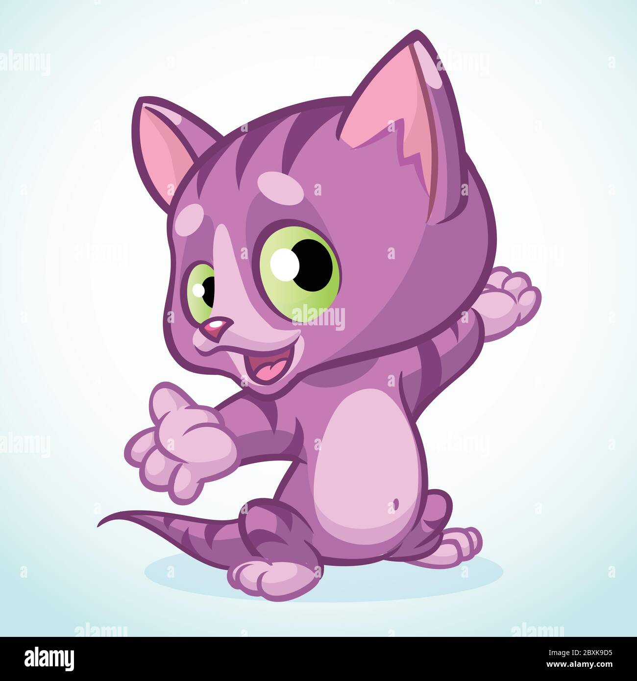 Little violet cute kitten pointing his hand. Purple striped cat sitting ...