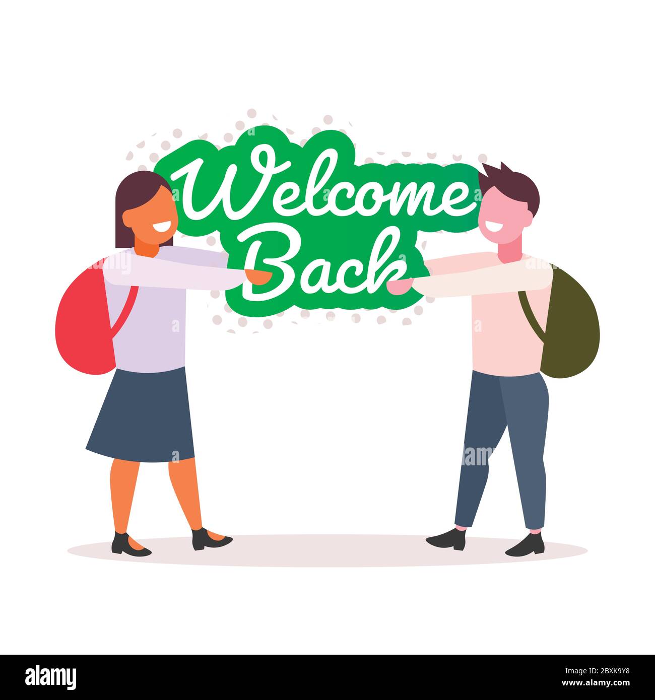 pupils with backpacks holding welcome back sticker coronavirus ...
