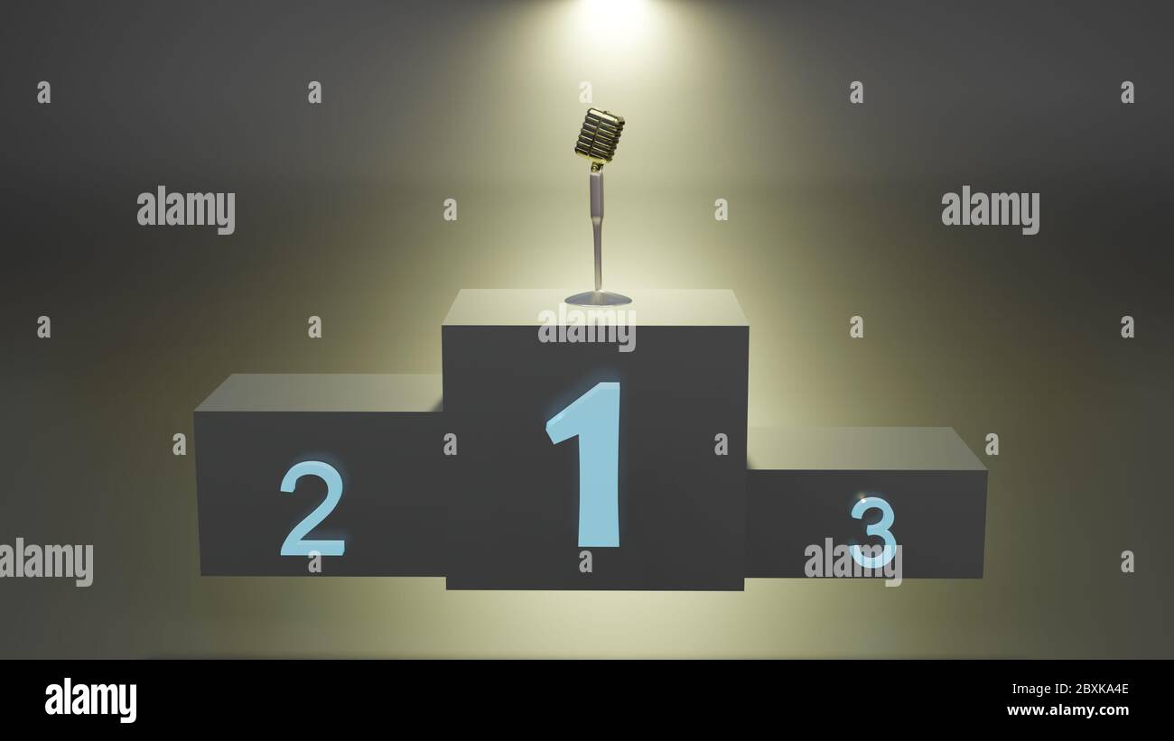 Singer winners with microphone on first place podium with spotlight. 3D ...