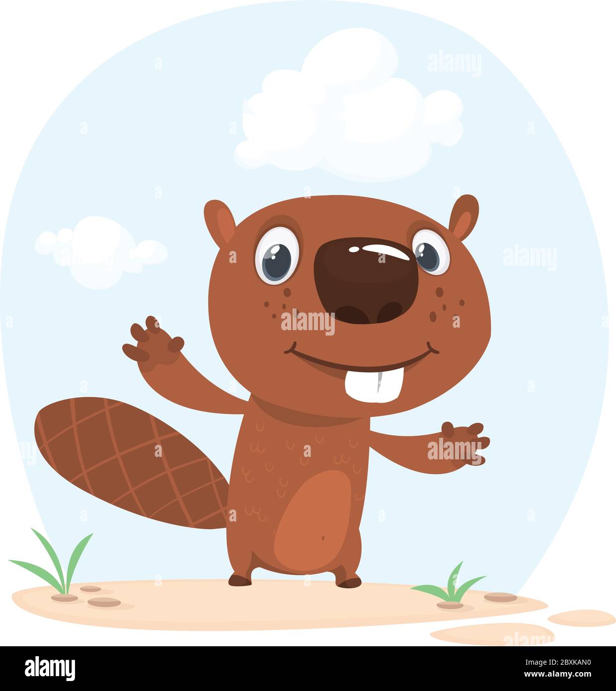Cute cartoon beaver standing in a meadow. Vector illustration isolated ...