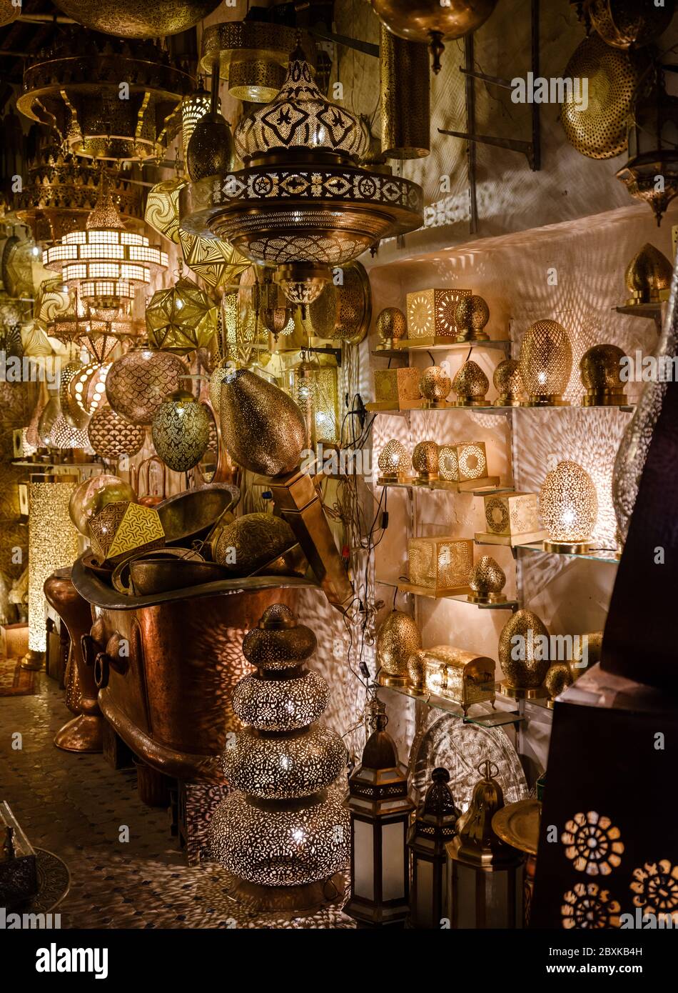 FEZ, MOROCCO - CIRCA MAY 2018: Typical store of lamps in the Medina in ...