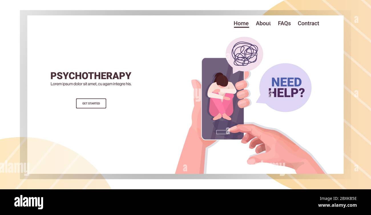 depressed woman using online mobile app psychotherapist consulting ...