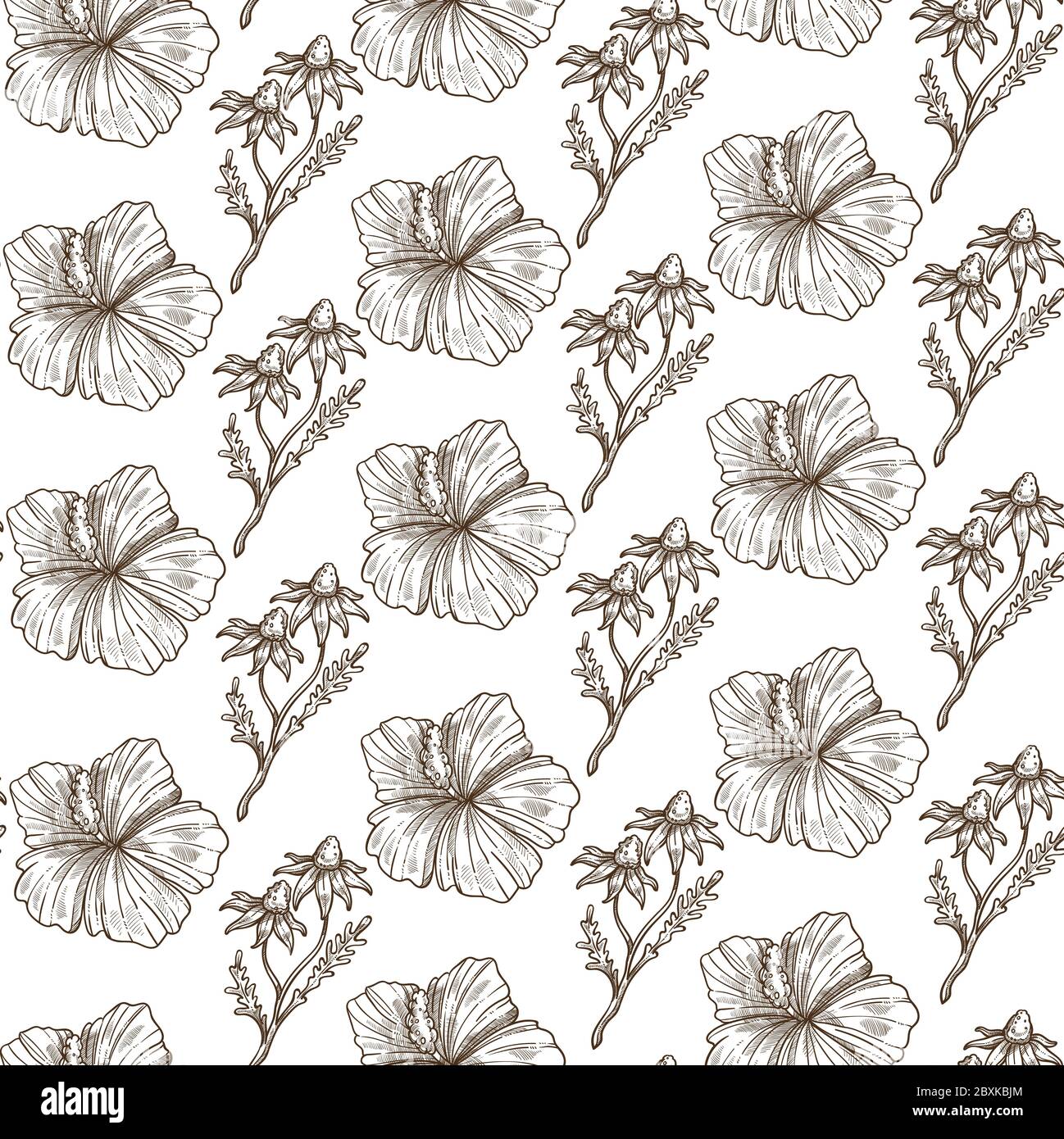 Flower with foliage, floral print monochrome seamless pattern Stock ...
