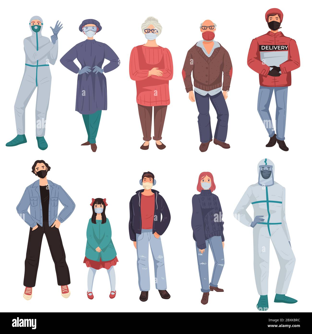 Coronavirus epidemic clothes, characters wearing masks and costumes ...
