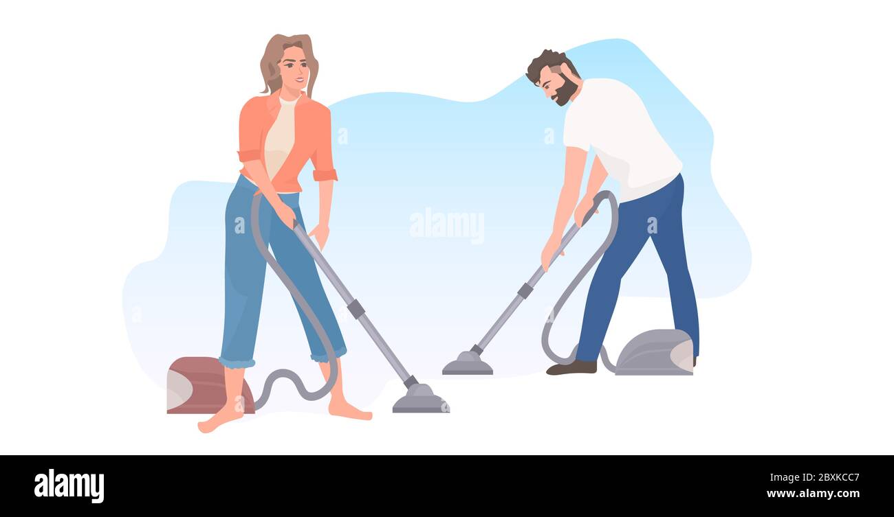 couple using vacuum cleaners man woman cleaning floor housekeeping ...