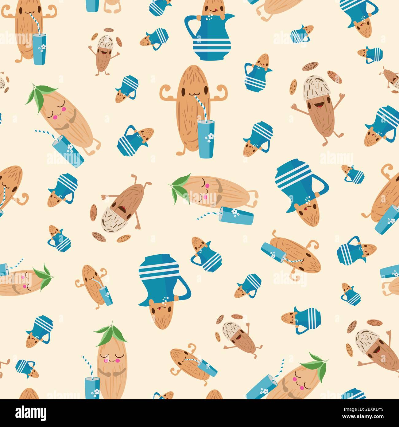 Kawaii almond milk vector seamless pattern background. Cute muscle ...