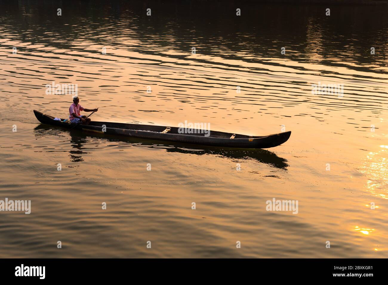Man rowing canoe in the backwaters of Kerala Stock Photo - Alamy