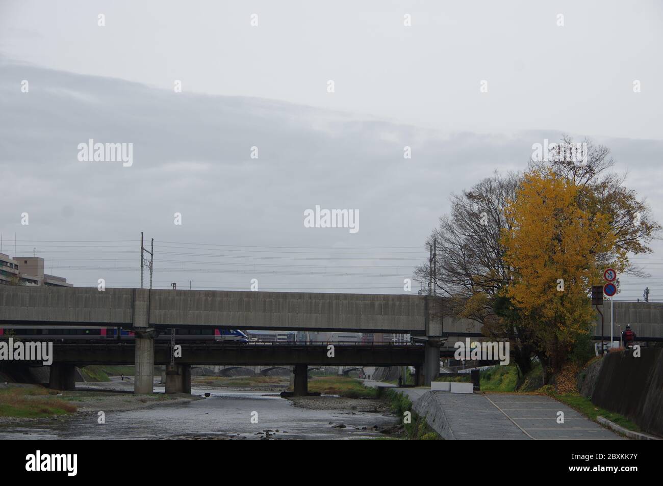 Concrete bullet train bridge with electric wires on Kamo River in Kyoto ...