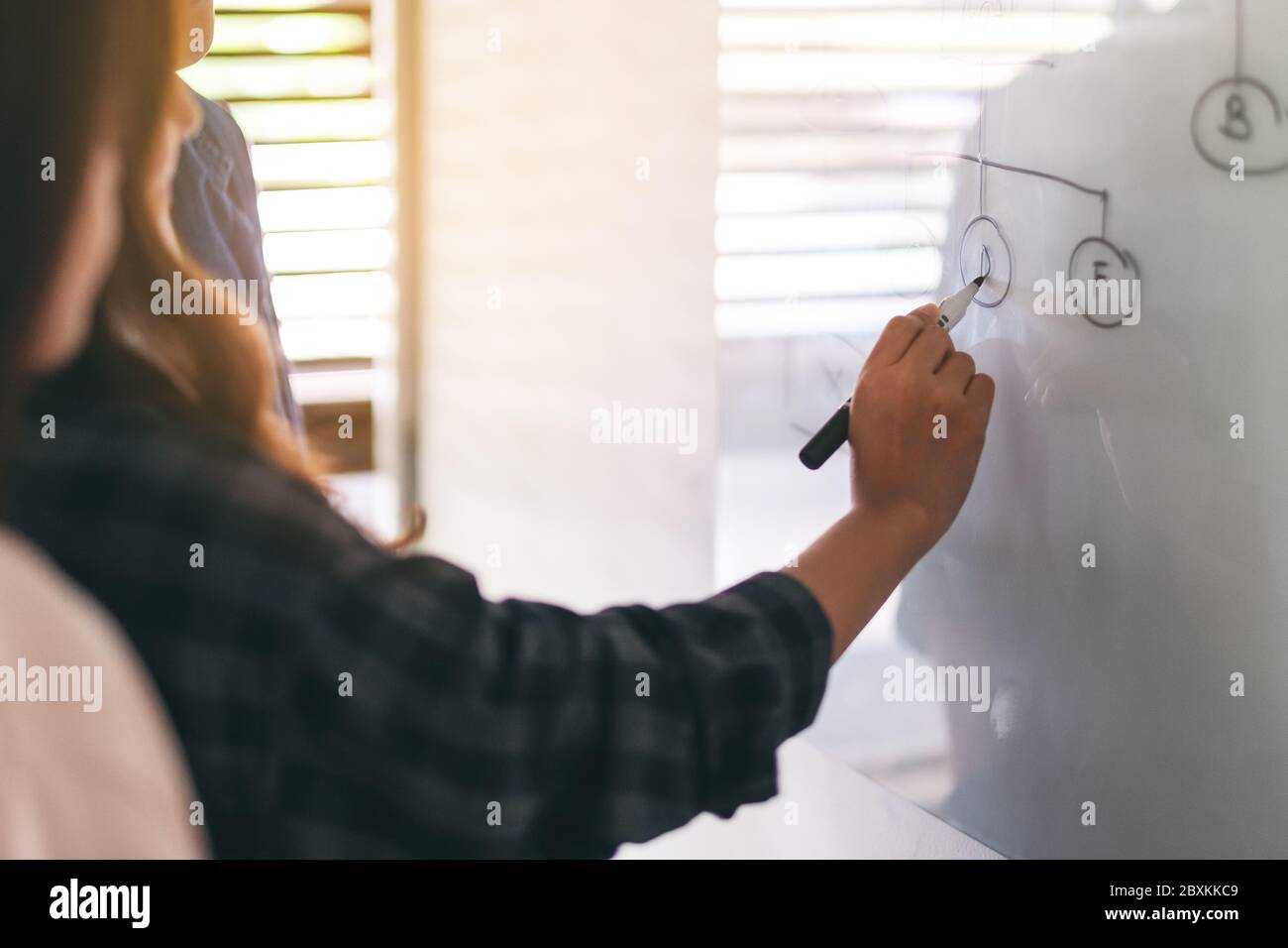 Group of business people looking and discussing ideas over whiteboard ...