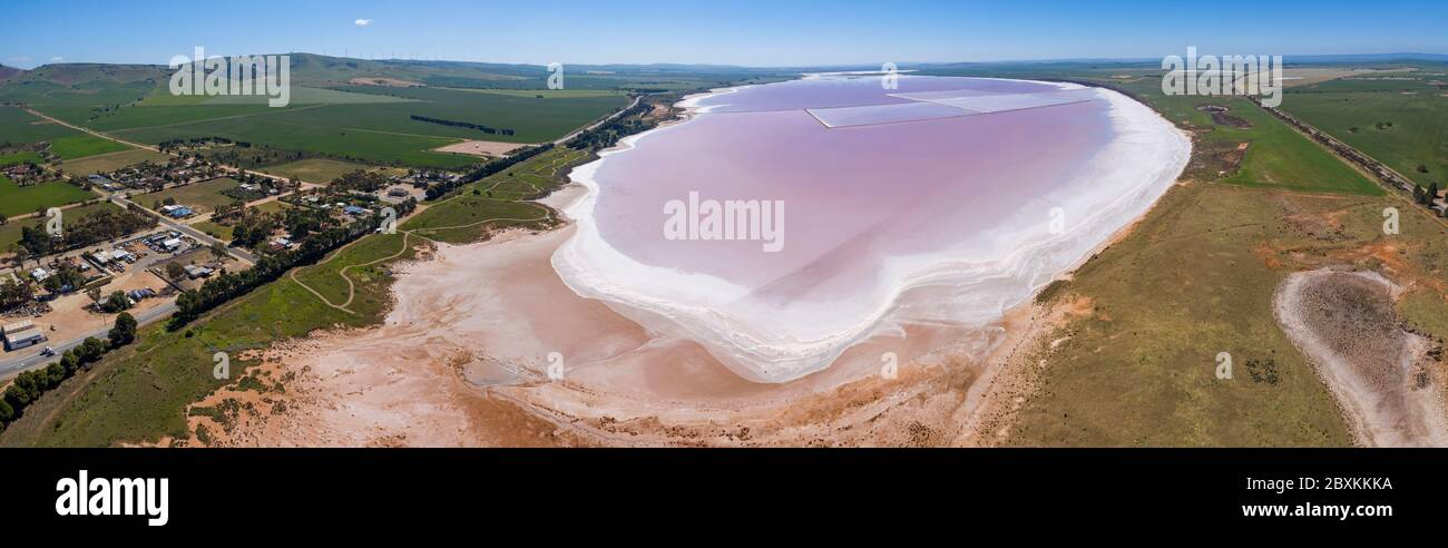 Aerial view of Lake Bumbunga, a naturally occurring pink salt lake ...