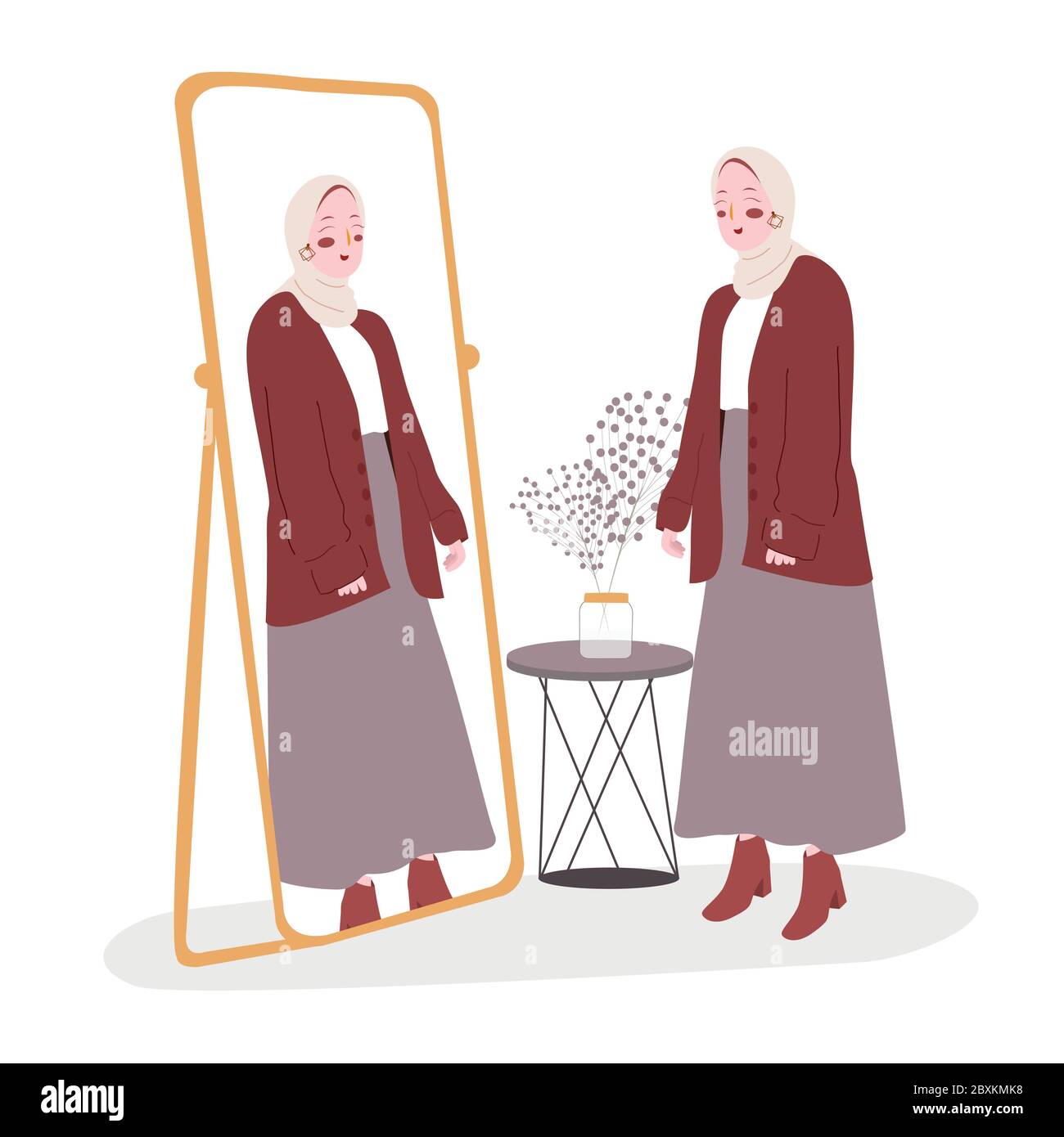 Woman standing look at her self in the mirror modern flat cartoon style ...