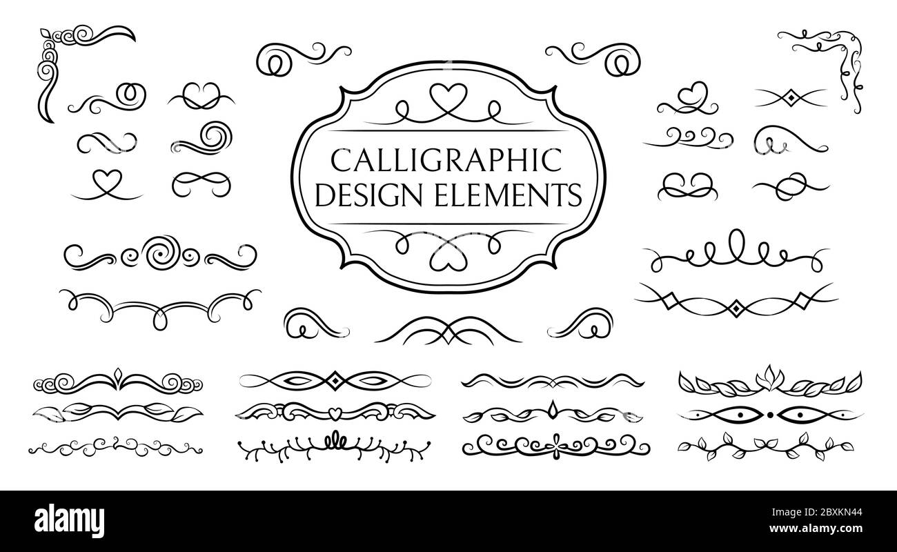 Divider, curl and swirl calligraphic set. Flourishes borders, vegetable ...