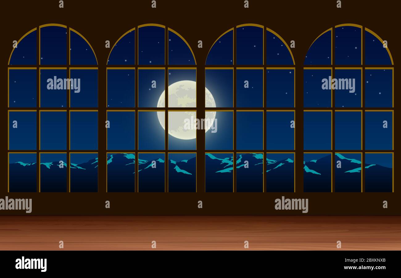 landscape of the mountain at windows in the full moon night Stock ...