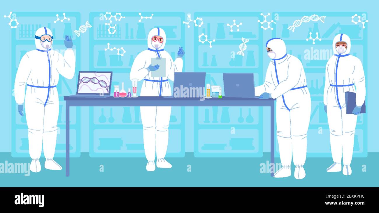 Scientist in lab, protective suits, mask. Flat cartoon chemical ...