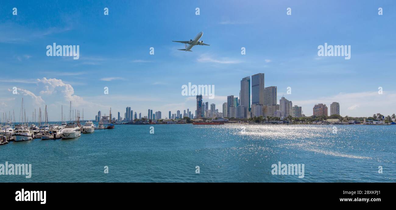 Colombia, scenic Cartagena bay (Bocagrande) and city skyline at sunset ...
