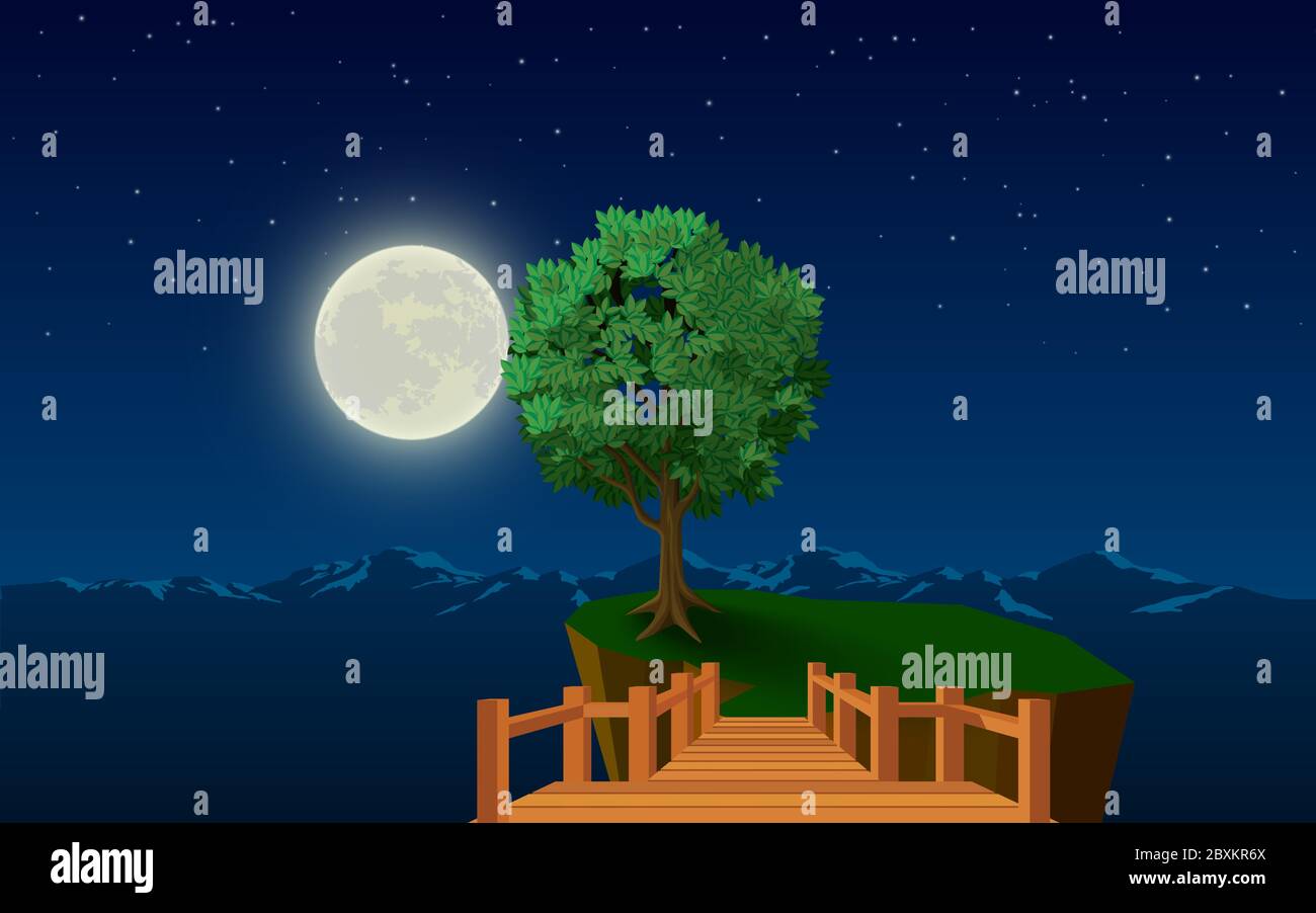 landscape of tree on the cliff in the full moon night Stock Vector ...