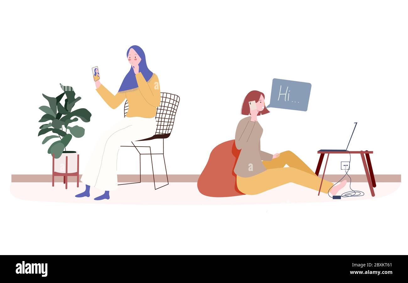 Female character use free time by selfie and phone calls with ...