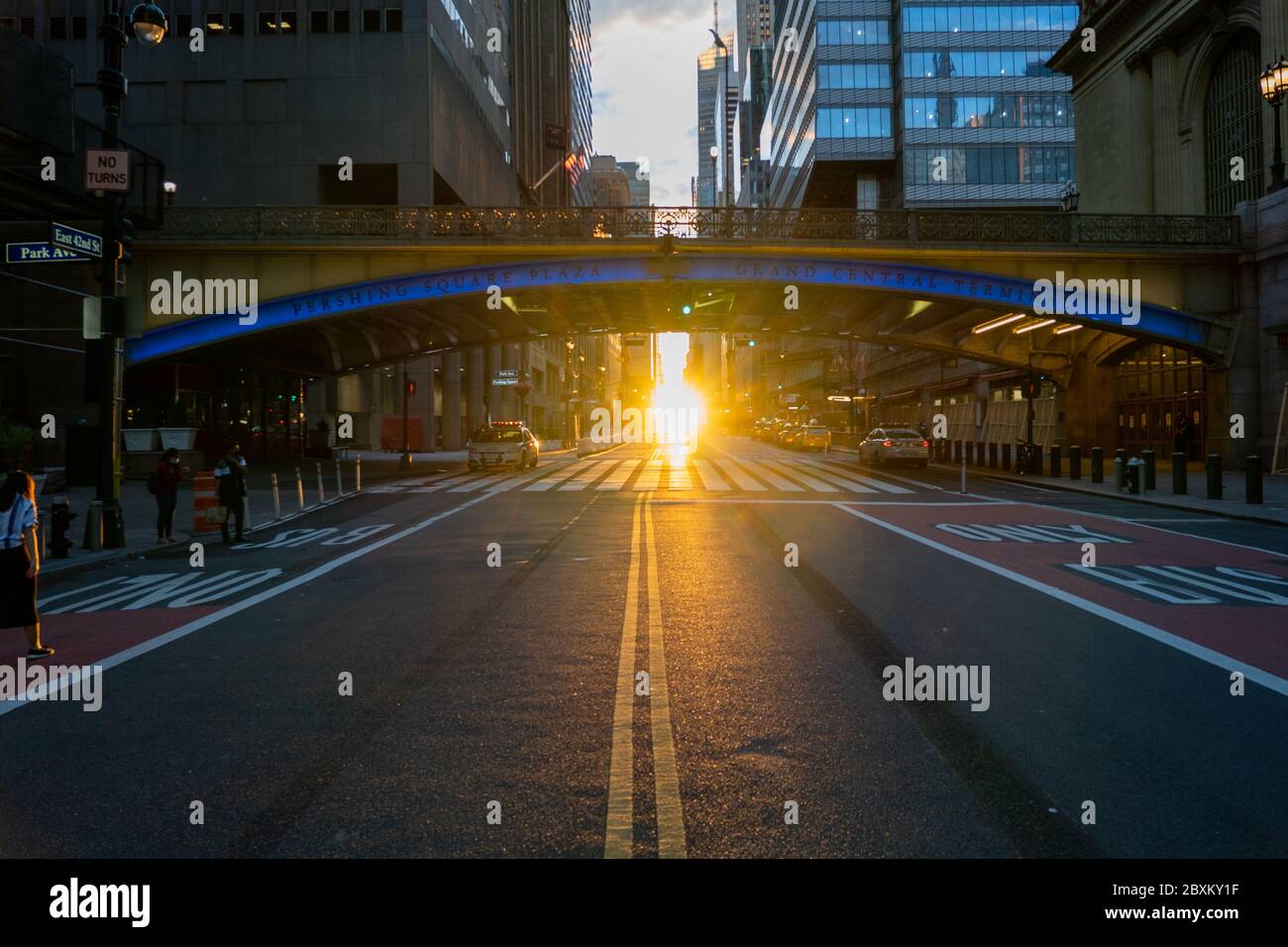 The Grand Central Terminal bridge is seen at sunset illuminated in Blue ...