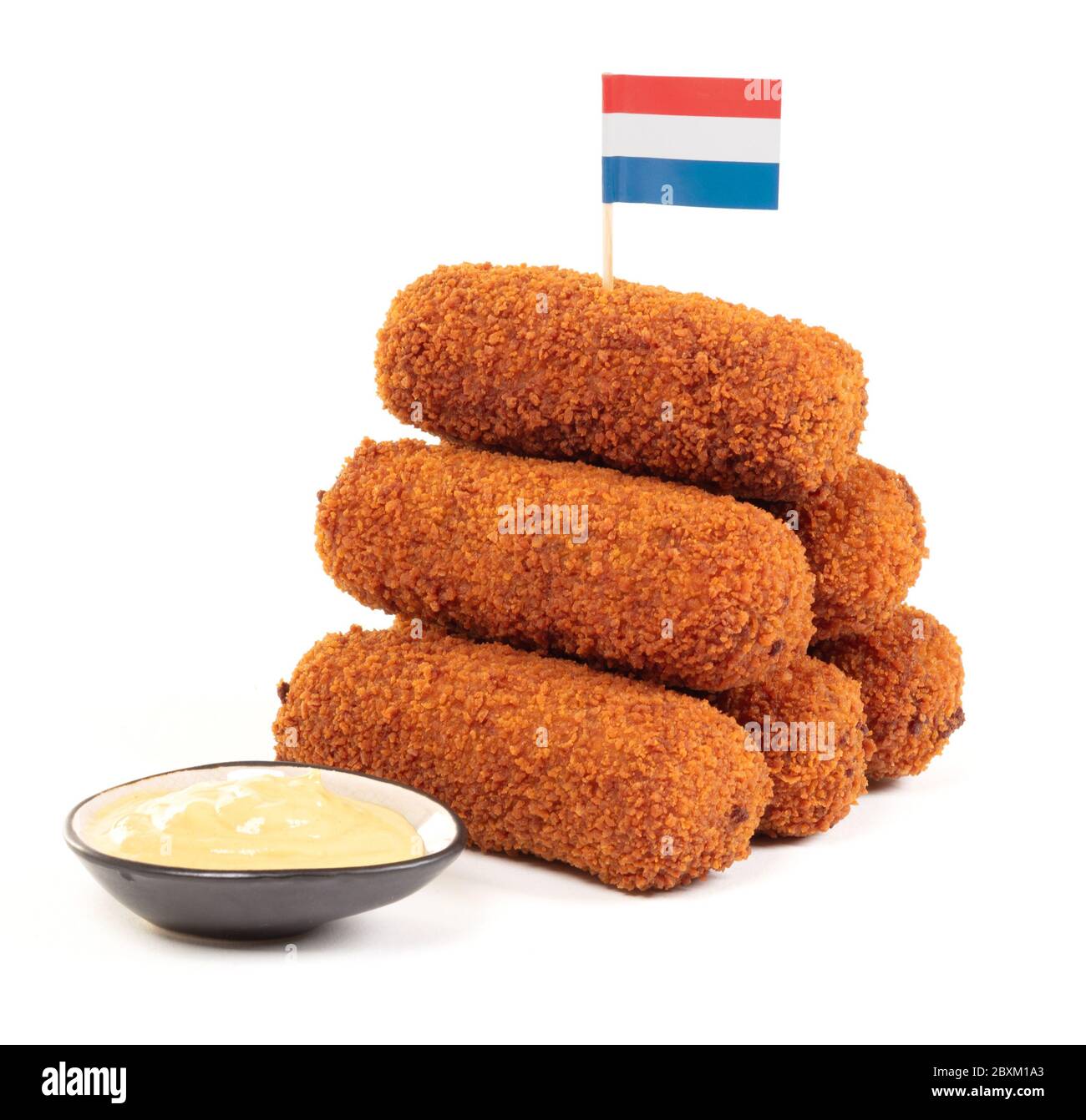 Brown crusty dutch kroketten with dutch flag, isolated on a white ...