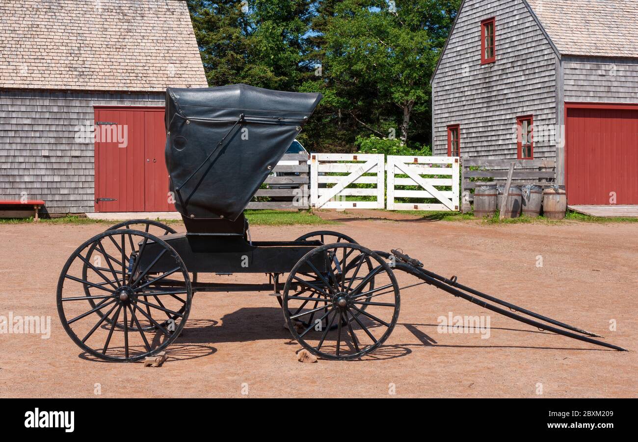 Buggy in a farmyard. Outbuildings in a traditional homestead. Green ...