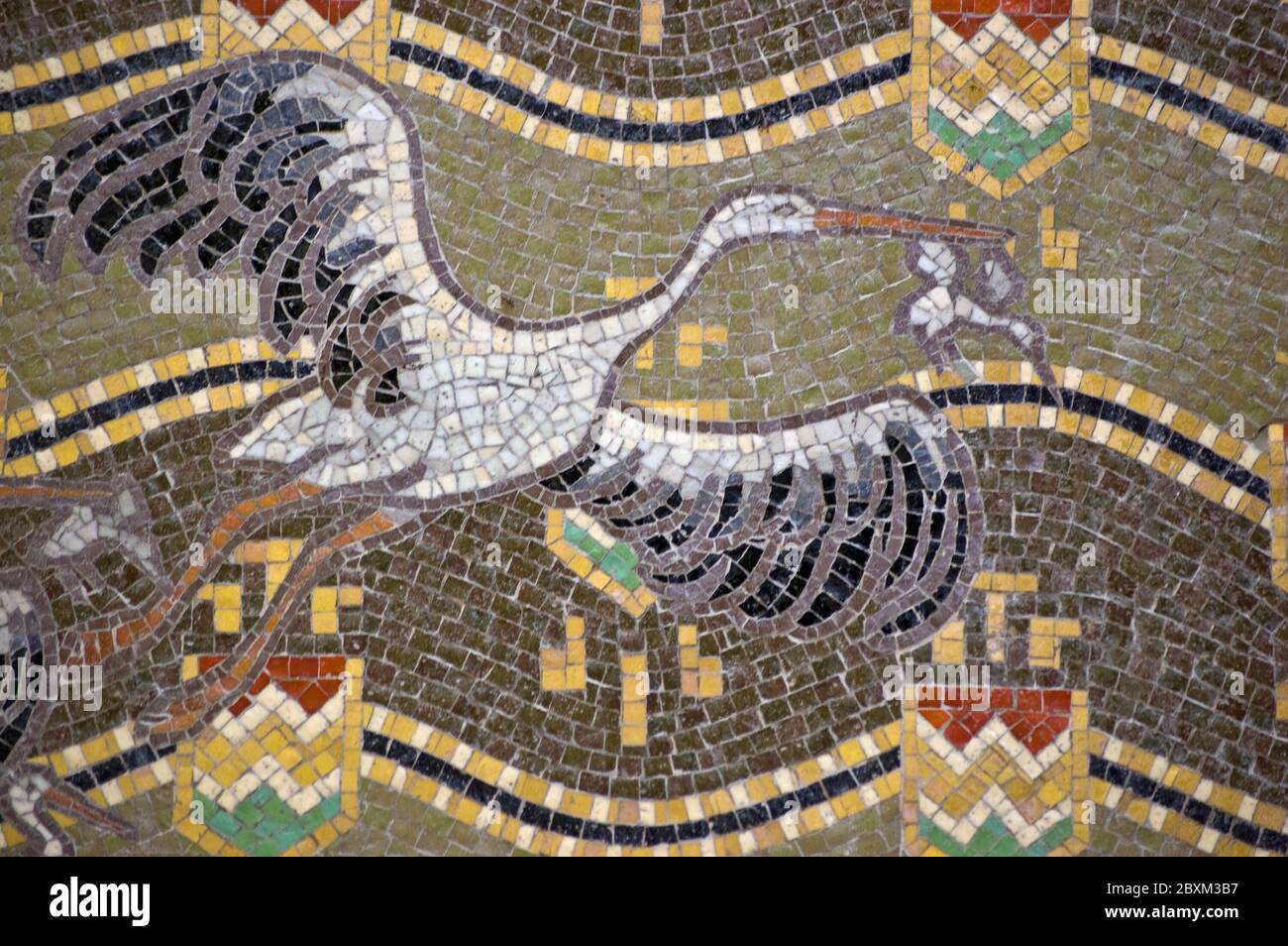 Mosaic showing white storks flying. Latin name for the bird is Ciconia ...
