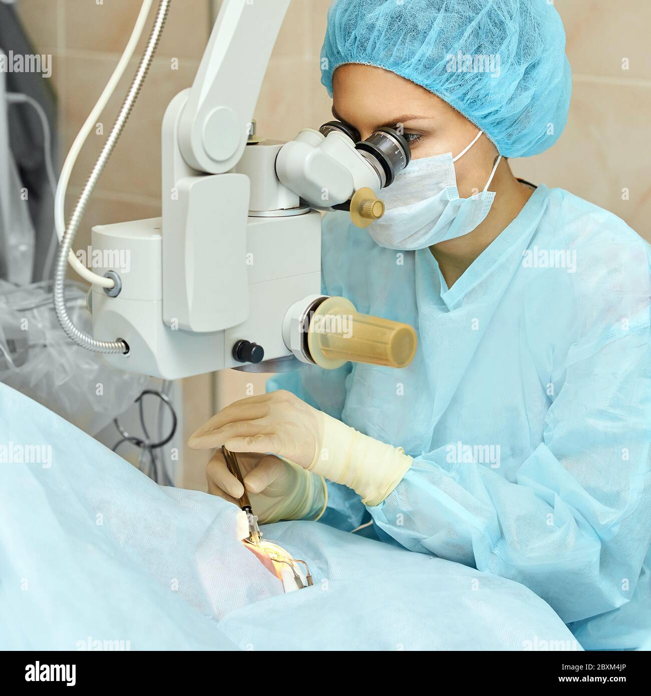 Ophthalmology laser microscope operation. Doctor in clinic. Patient eye ...