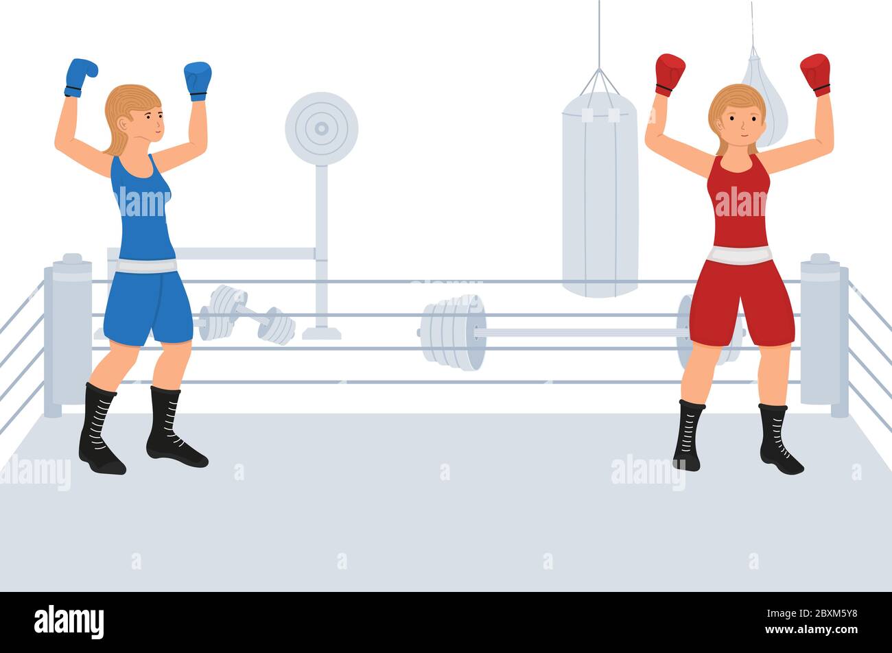 Two young female boxers fight in the ring. Cartoon characters train or ...