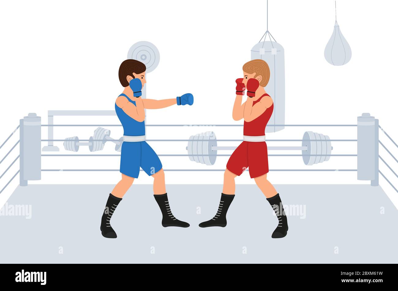 Two young boxers fight in the ring. Cartoon characters train or compete ...