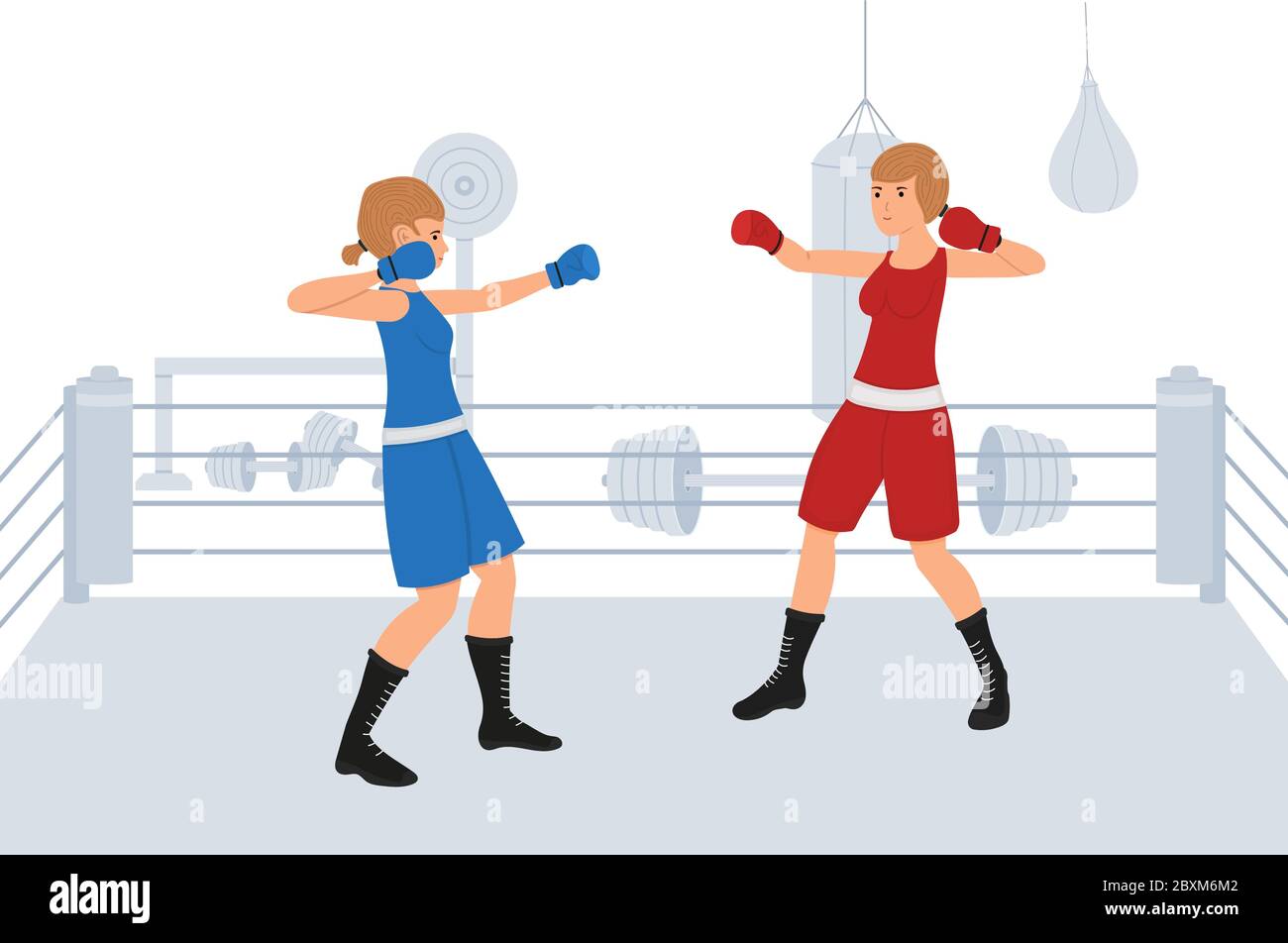Two female boxers fight in the ring. Cartoon characters train or ...