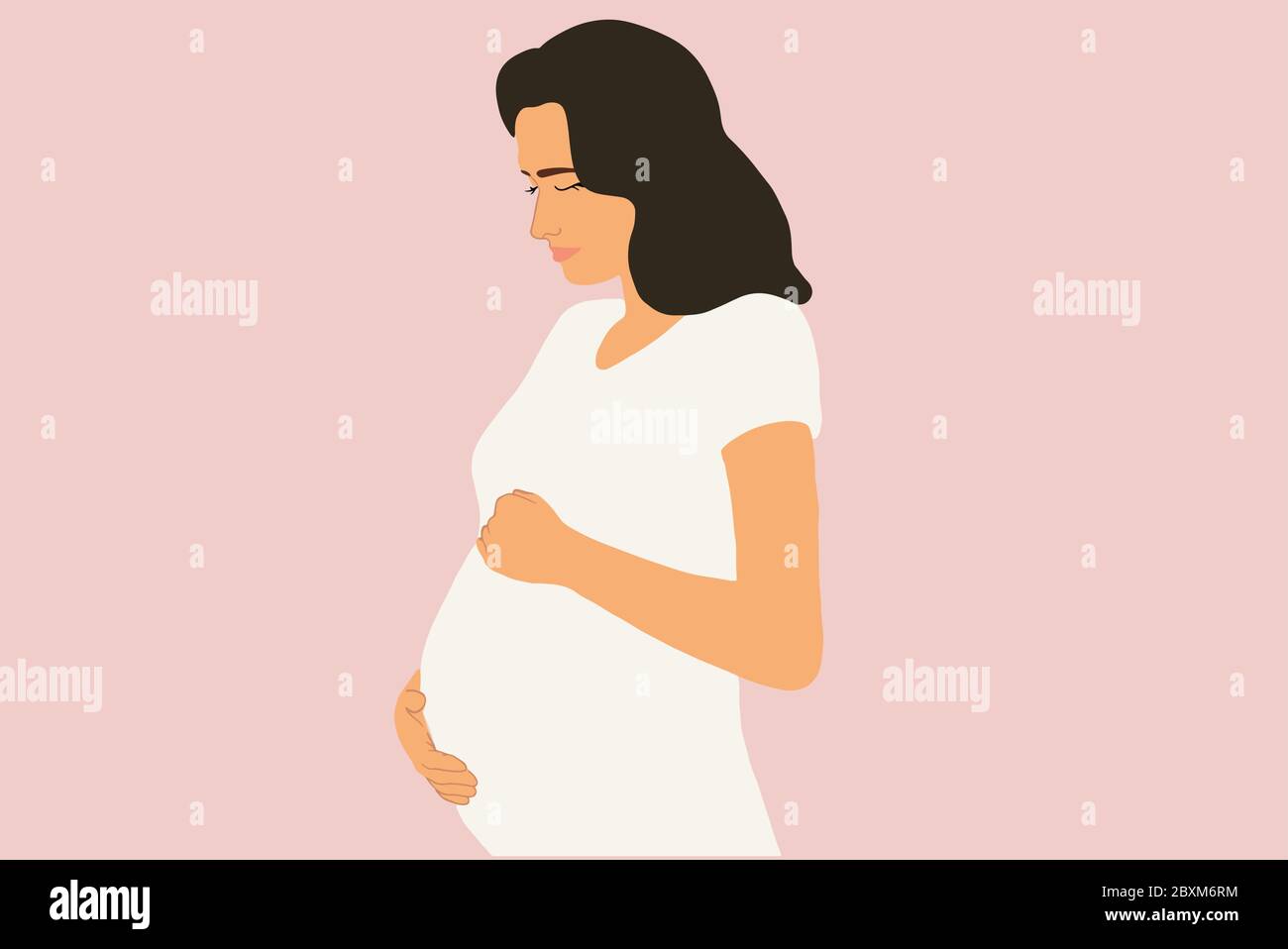 Vector illustration of a pregnant woman, touching her belly. Drawing in ...