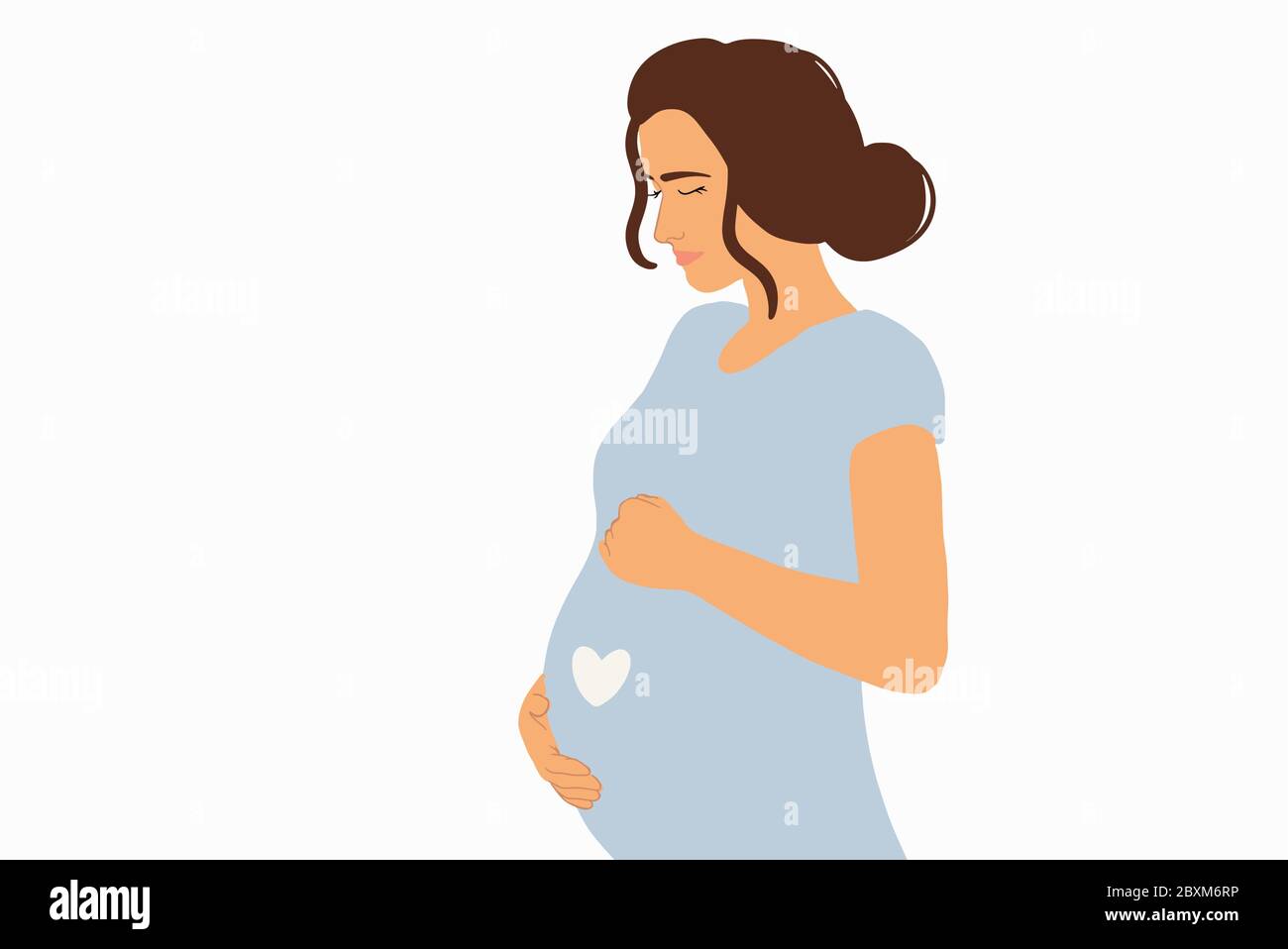 Vector illustration of a pregnant woman, touching her belly. Drawing in ...