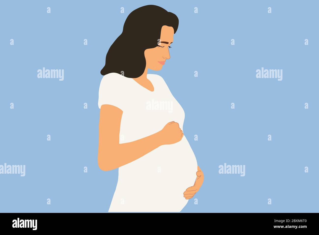 Vector illustration of a pregnant woman, touching her belly. Drawing in ...